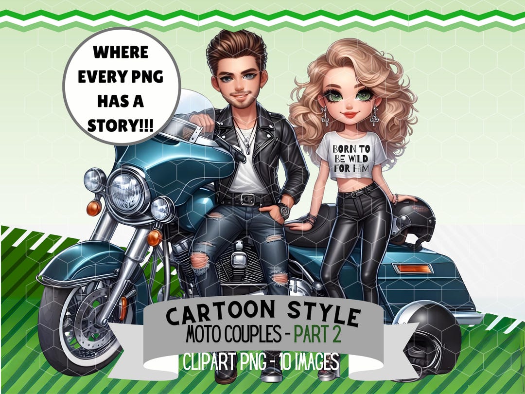 Cartoon Motorcycle Couple Clipart, Cute Man and Woman Bundle, Stylish ...