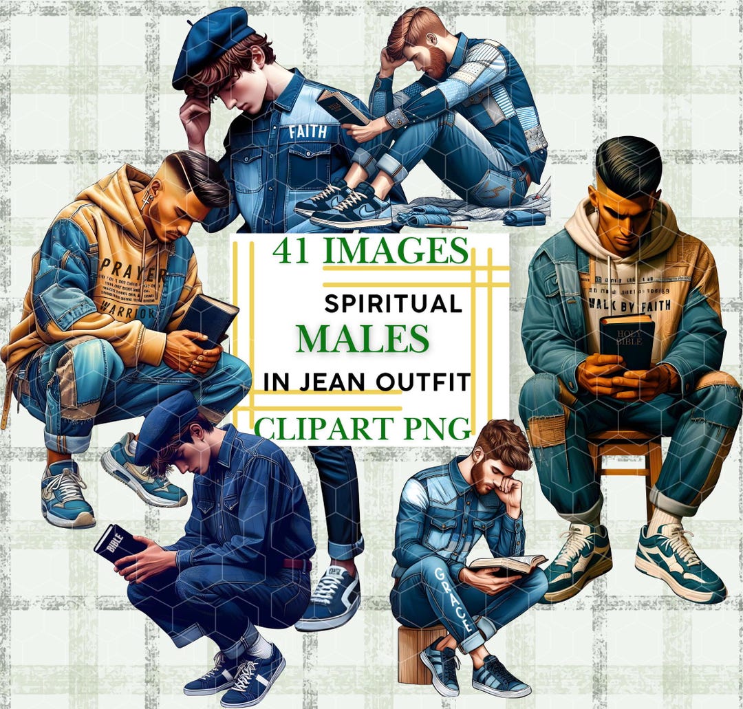 Christian Men Praying in Denim Jean Outfit Clipart, Spiritual Stylish ...