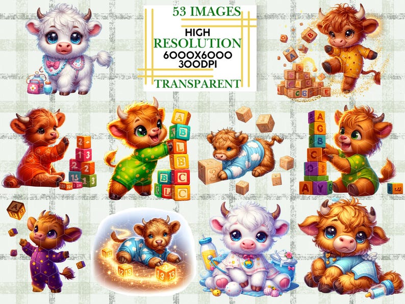 Highland Cow Clipart Bundle Cute Baby Cow Happy Toddler PNG ABC Blocks ...