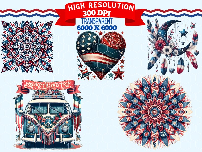Boho 4th of July Clipart, USA Mandala, Crescent Moon, Peace Rainbow ...