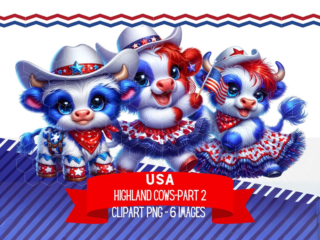4th of July Highland Cow Cow Print Clipart, Whimsical Patriotic Baby ...