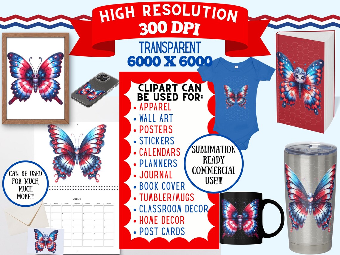 4th of July Cute Butterfly Insect With Patriotic Tie-dye Wings Clipart ...