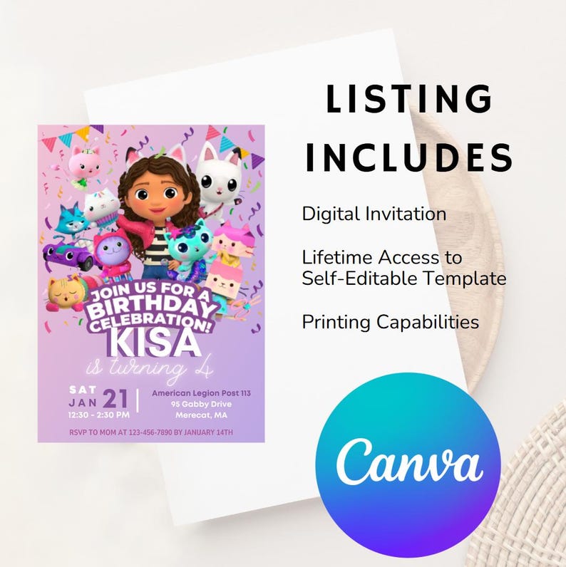 Editable Gabby's Dollhouse Invitation, Cat Birthday Party Invite ...