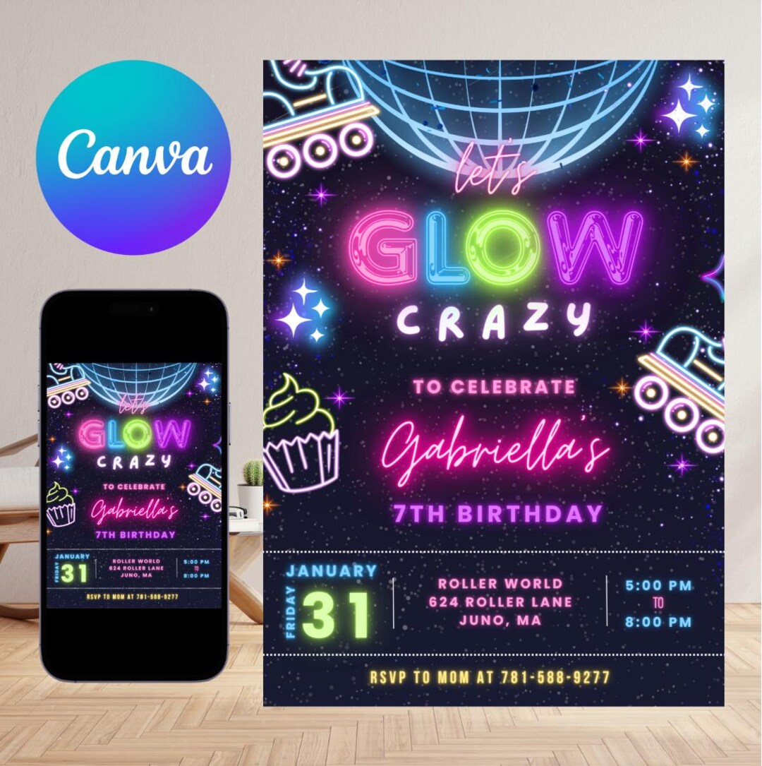 Editable Glow Crazy Invitation, Neon Invitation, Neon Rollerblade ...
