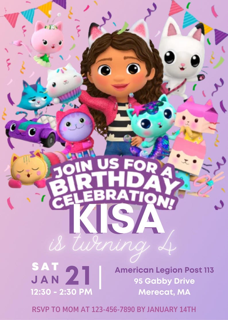Editable Gabby's Dollhouse Invitation, Cat Birthday Party Invite ...