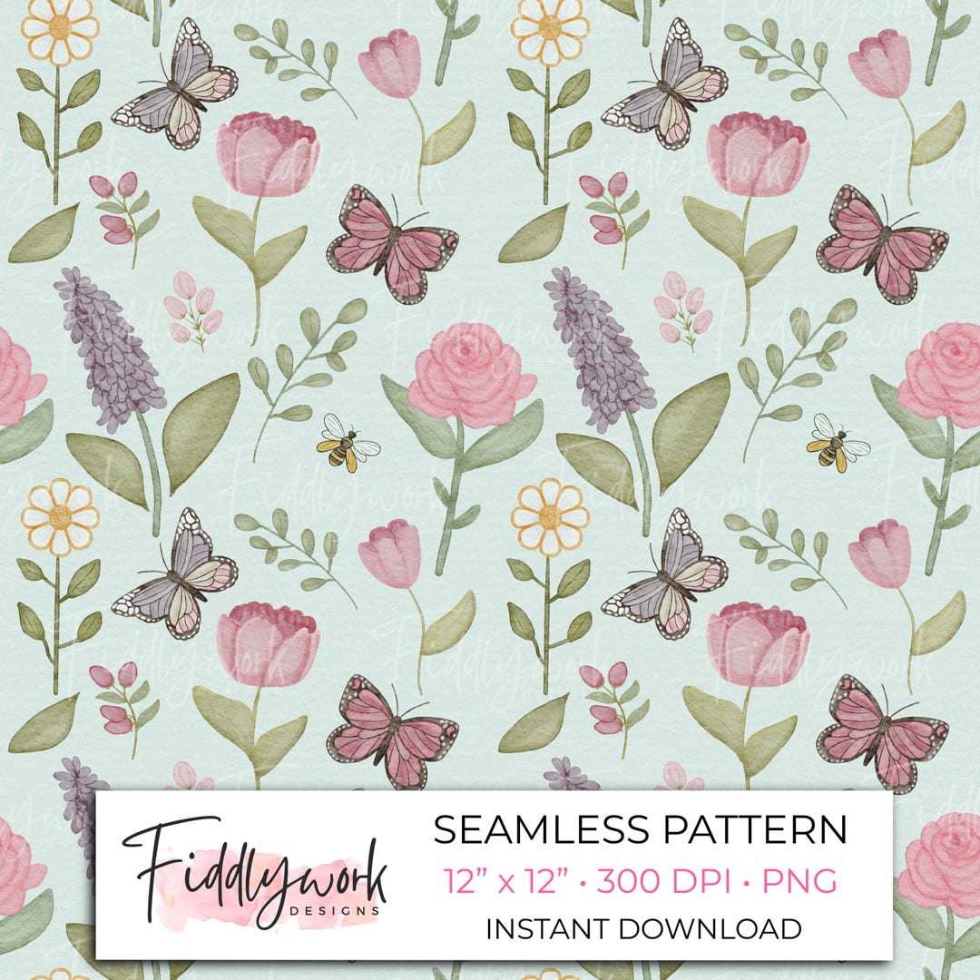 Watercolor Butterfly Floral Seamless Pattern | Spring Flowers Digital ...