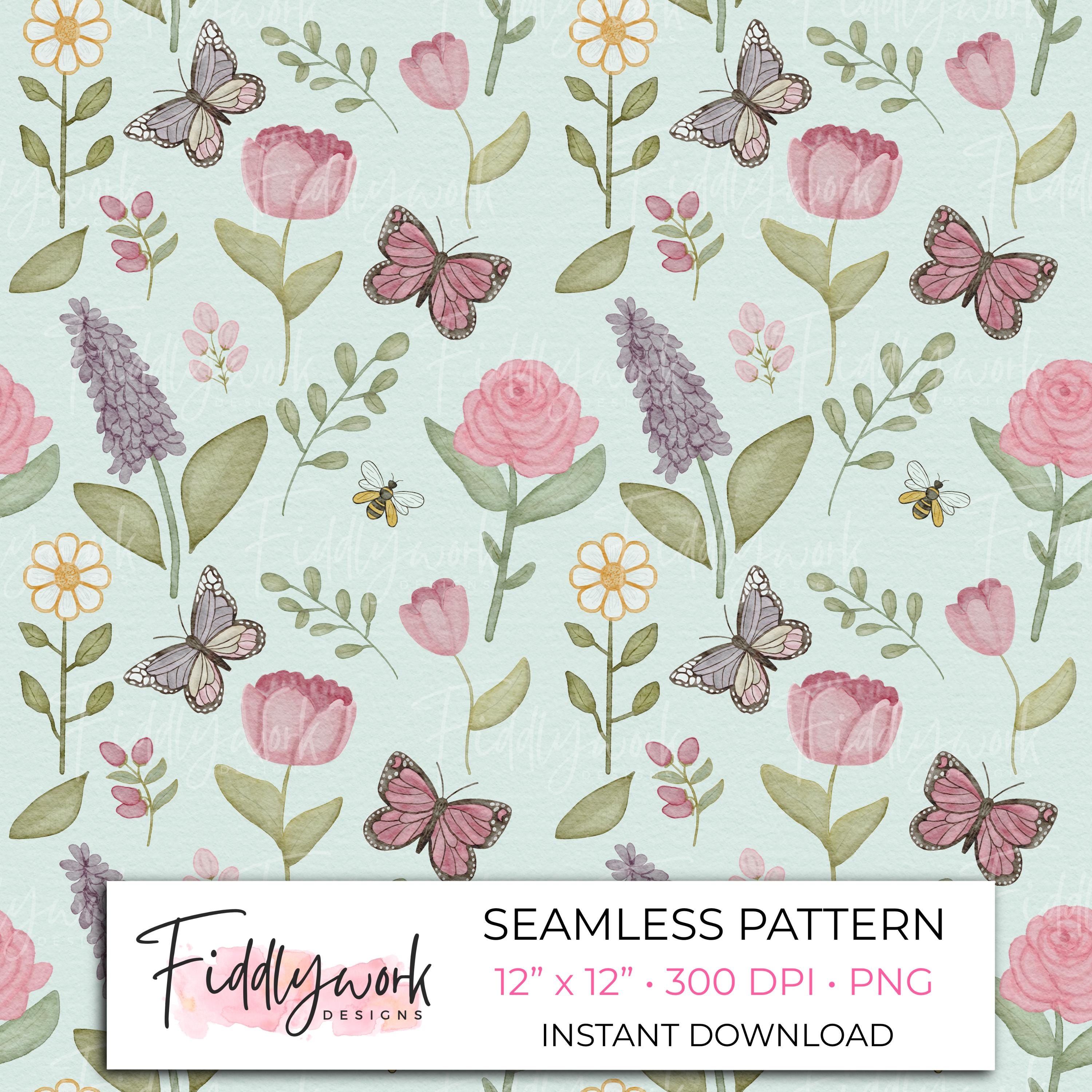 Watercolor Butterfly Floral Seamless Pattern | Spring Flowers Digital ...