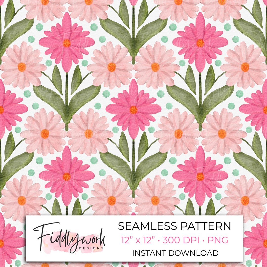 Watercolor Pink Daisy Seamless Pattern | Floral Digital Paper Ogee ...