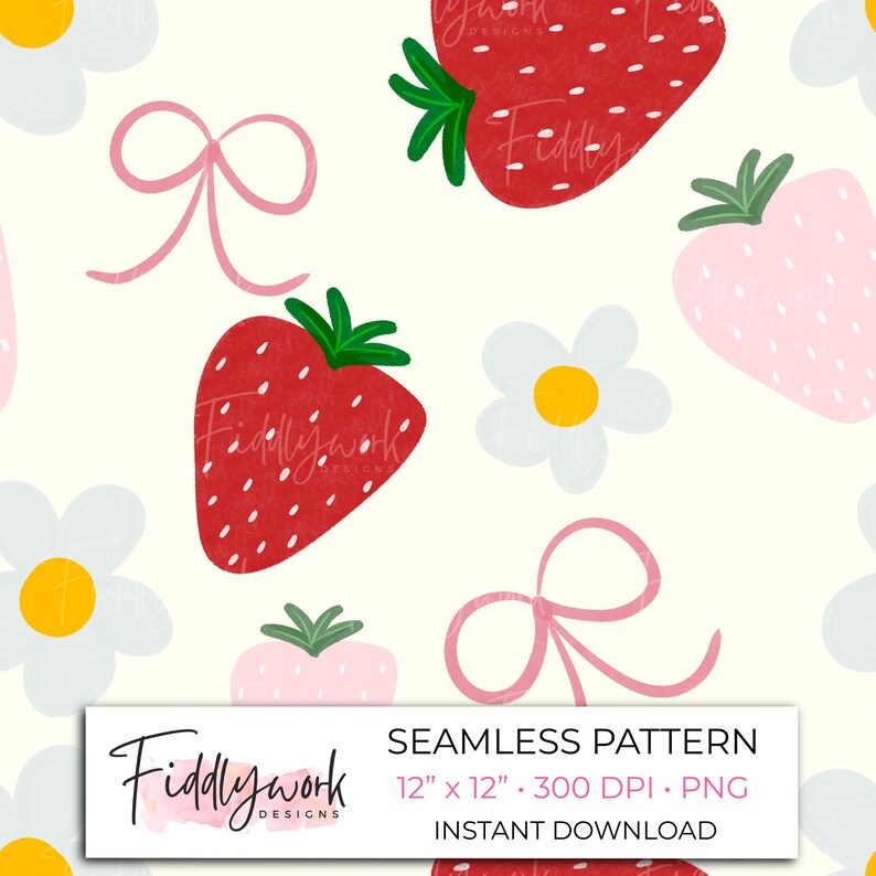 Strawberry & Bow Seamless Pattern | Cute Floral Digital Paper ...