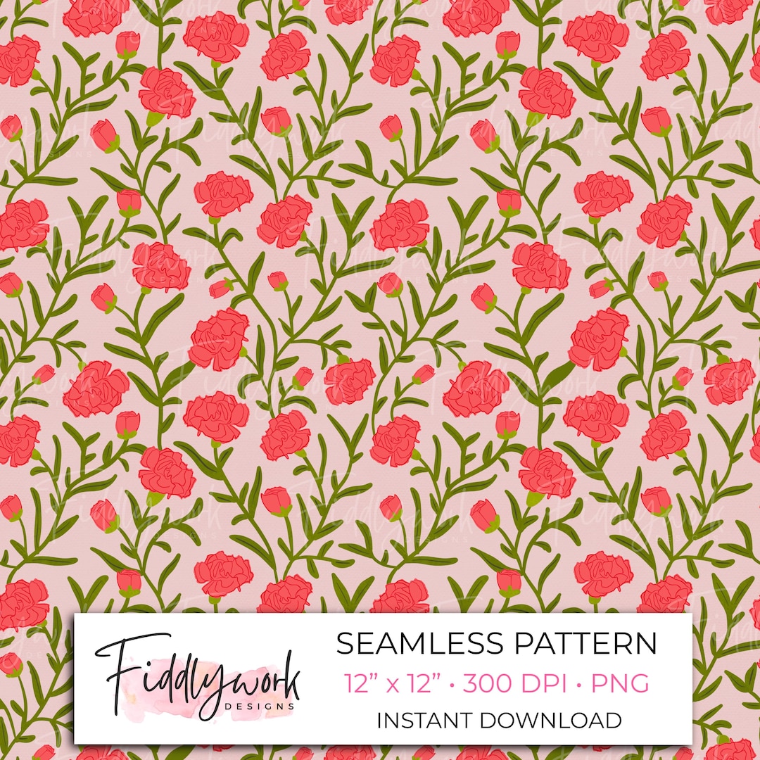 January Carnation Seamless Pattern | Birth Month Flower Digital Paper ...