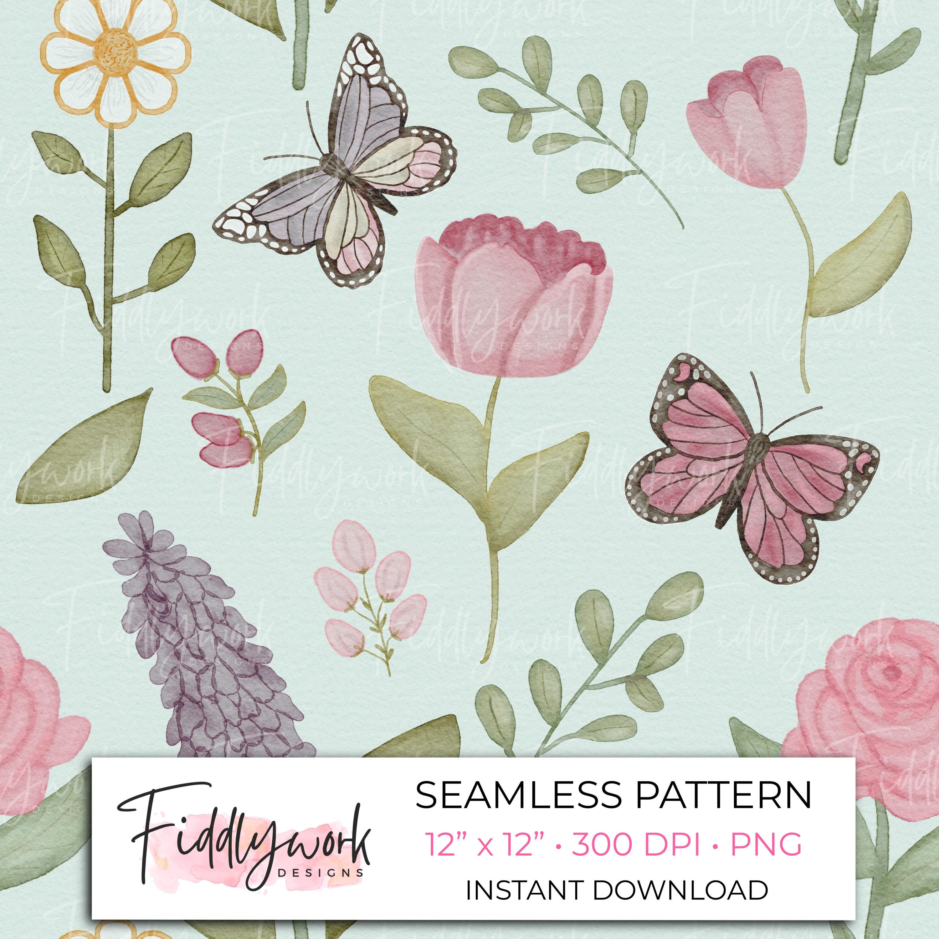 Watercolor Butterfly Floral Seamless Pattern | Spring Flowers Digital ...