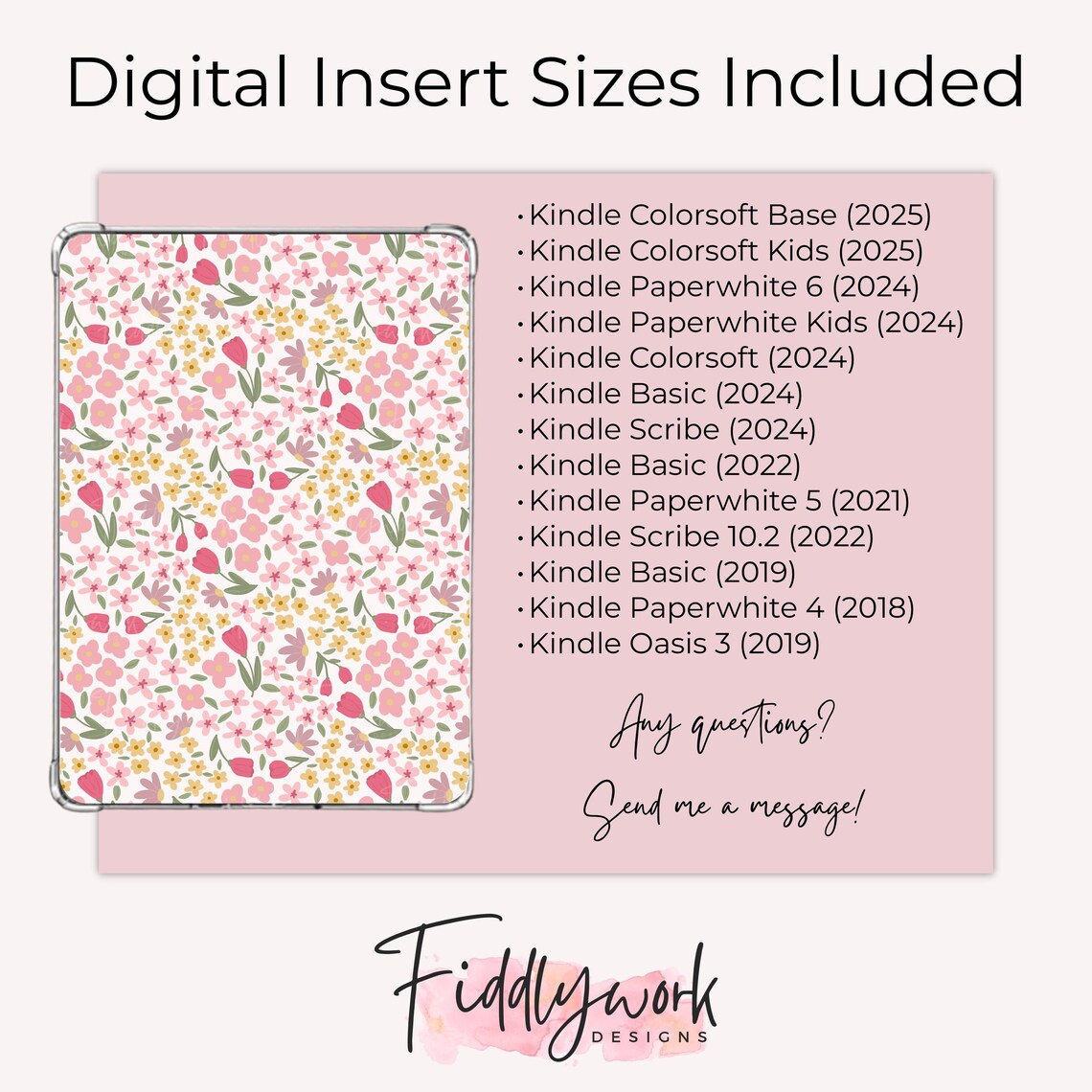 Pink Tulip Ditsy Floral Kindle Case Insert Spring Flower Printable E ...
