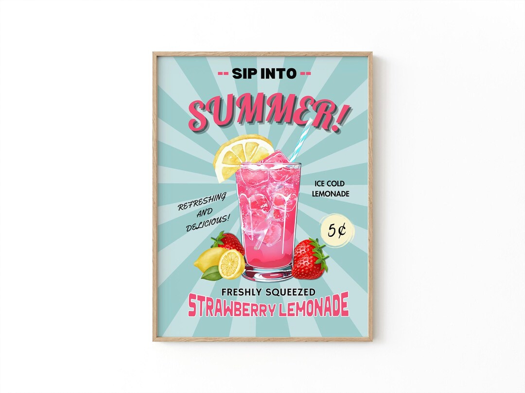 Retro Strawberry Lemonade Printable Wall Art | Vintage Diner Decor ...