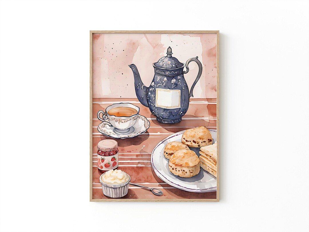 Afternoon Tea Wall Art | Hand-drawn Teapot & Scones Print | Vintage ...