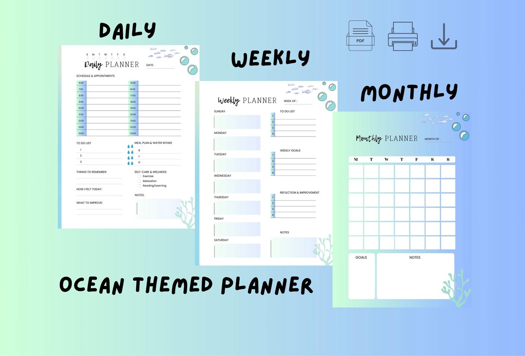 Ocean-themed Daily Planner, Weekly Planner, Monthly Planner, Printable ...