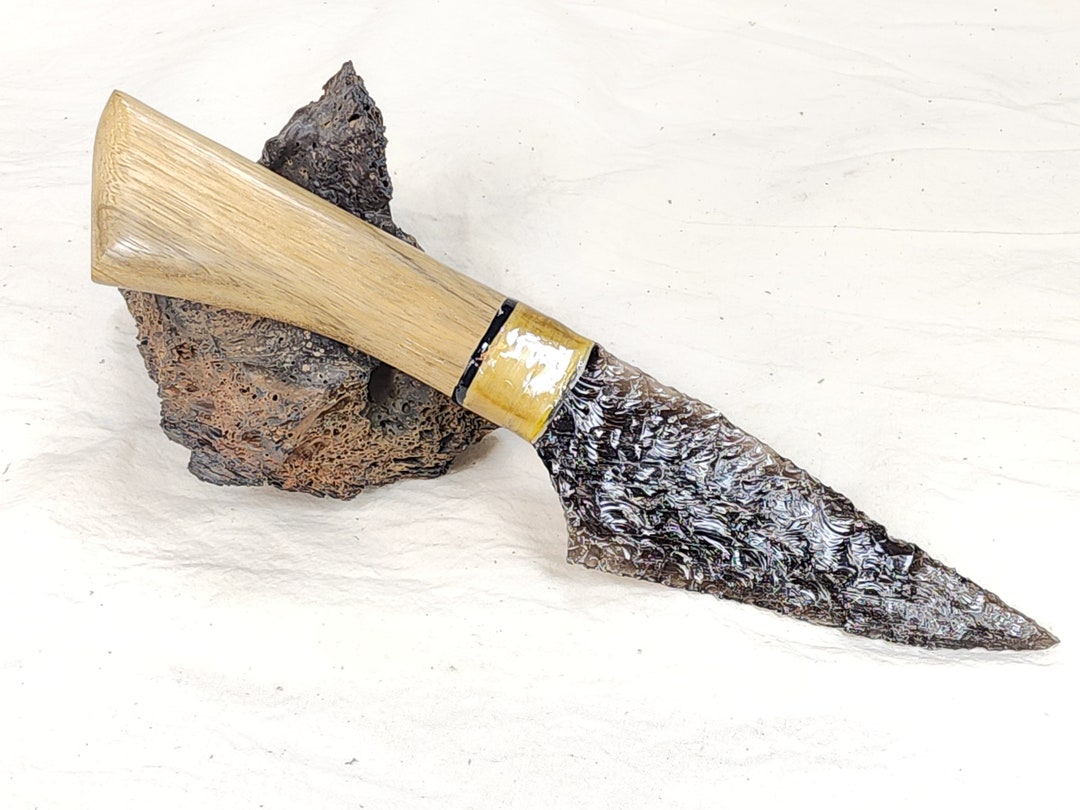 Silver Sheen Obsidian Knife With Black Limba Handle - Flintknapped ...