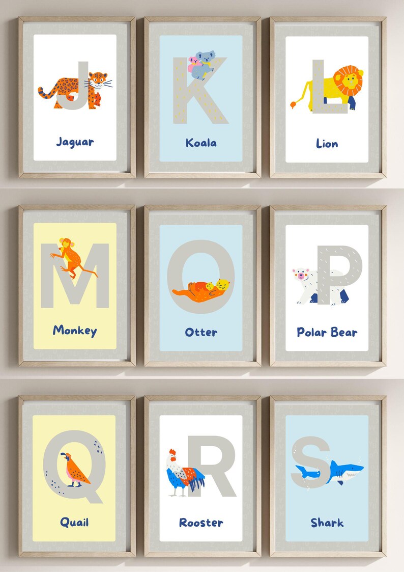 Alphabet Animal Wall Art ABC Nursery Prints Educational Kids Room Decor ...