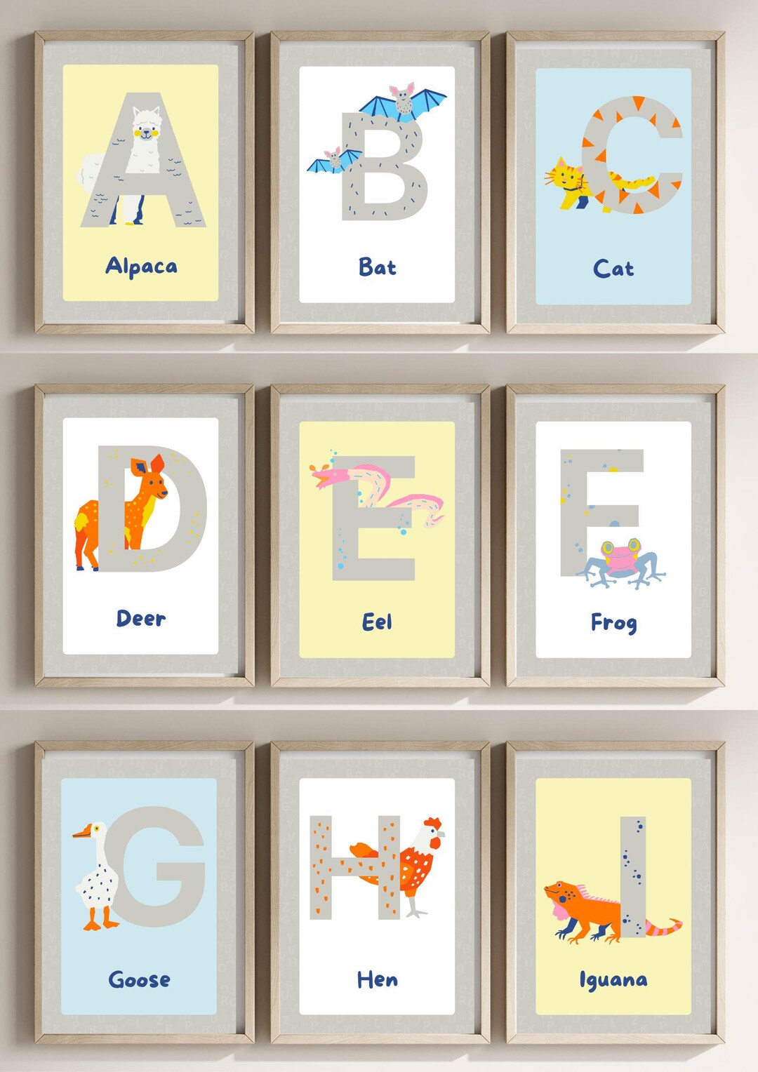 Alphabet Animal Wall Art ABC Nursery Prints Educational Kids Room Decor ...