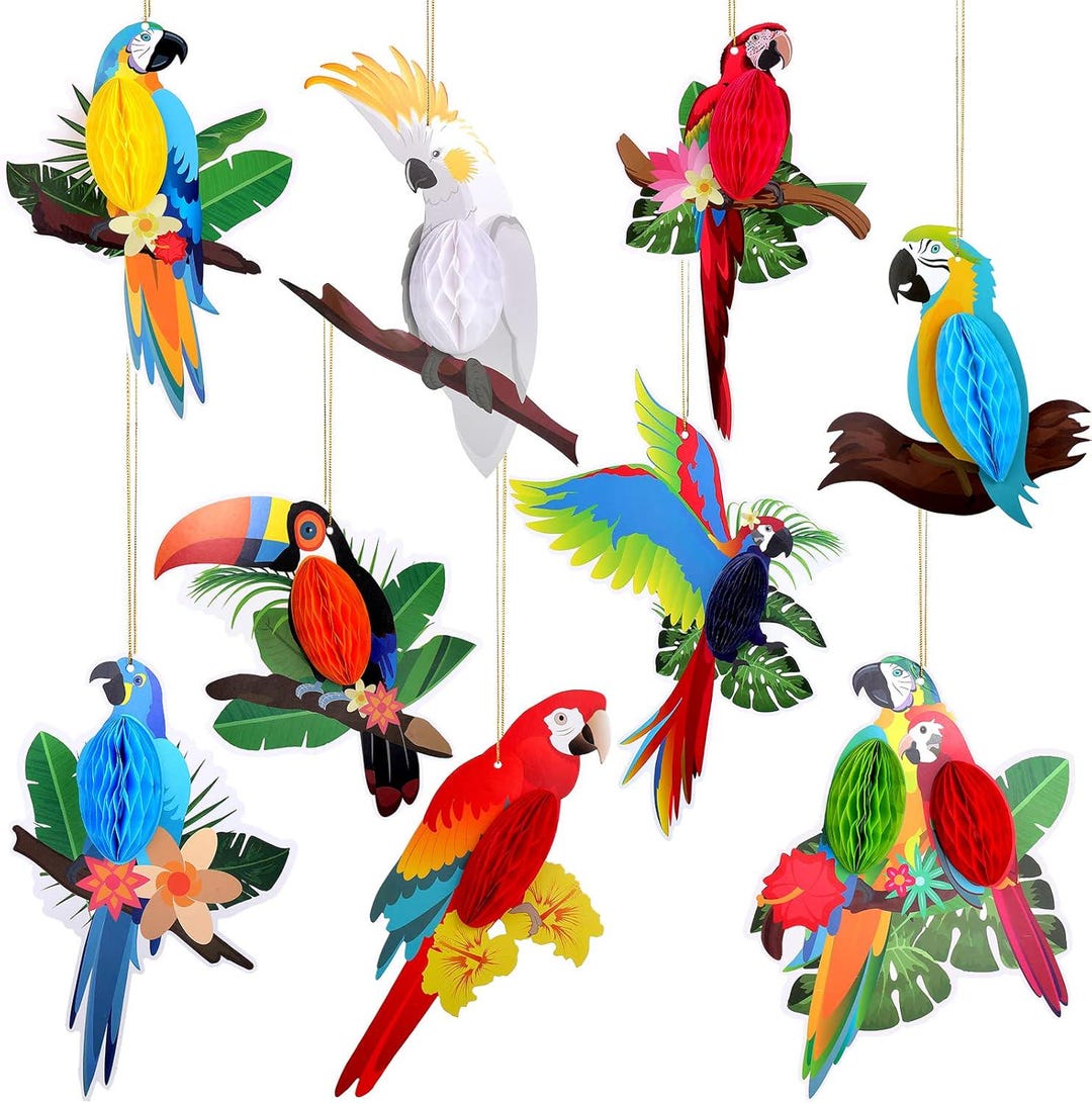 9 Pieces Tropical Birds Honeycomb Paper Cutouts Rio Luau Party Hanging ...