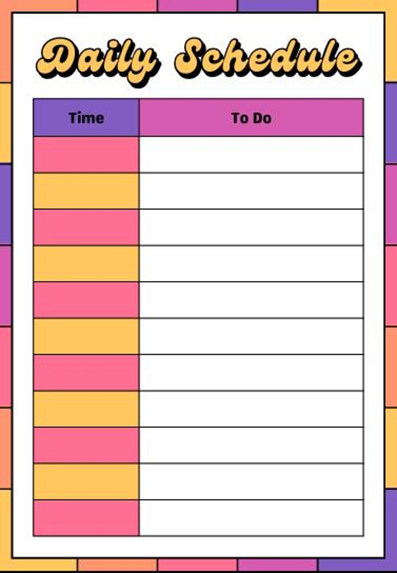 Daily Schedule Document Colorful Checkered Table - Etsy