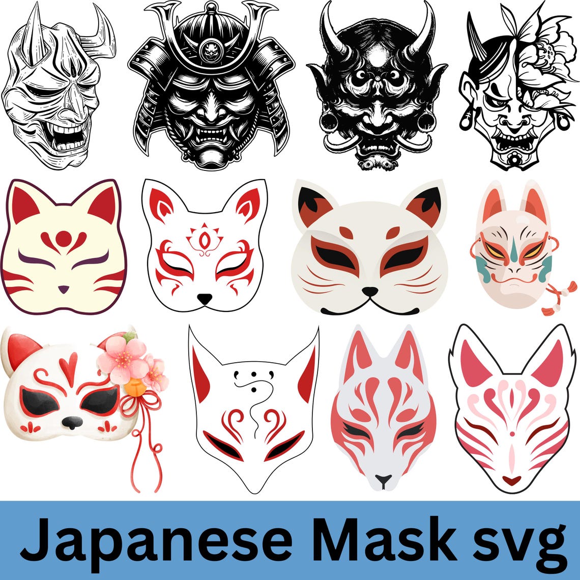 Japanese Mask SVG Bundle, Demon Mask Svg, Demon God Asia, Samurai Mask ...