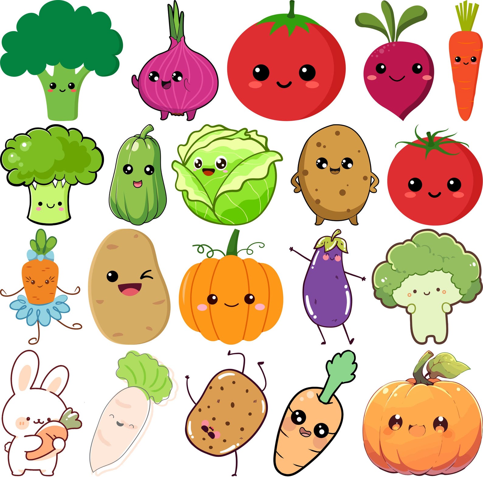Kawaii Cute Vegetables Svg Bundle, Kawaii Vegetable Clipart, Veggie ...