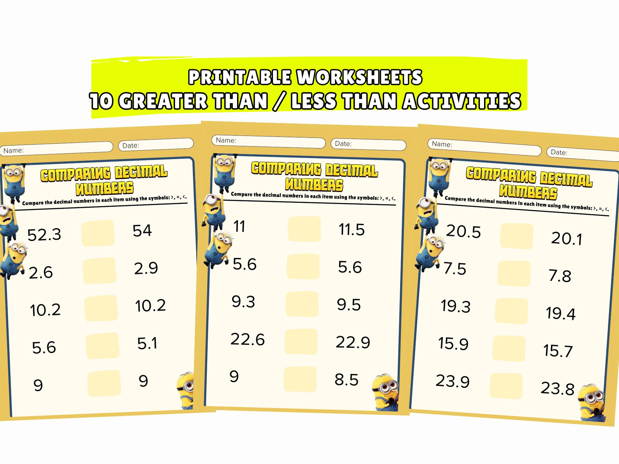 Printable Comparing Decimal Numbers Worksheets | 10 Greater Than Less ...