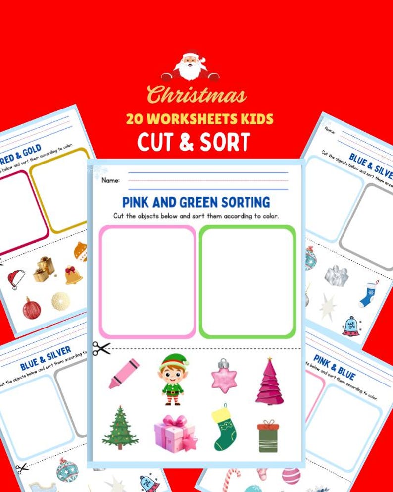 20 Cut and Sort Worksheets for Kids • Christmas Color Sorting ...