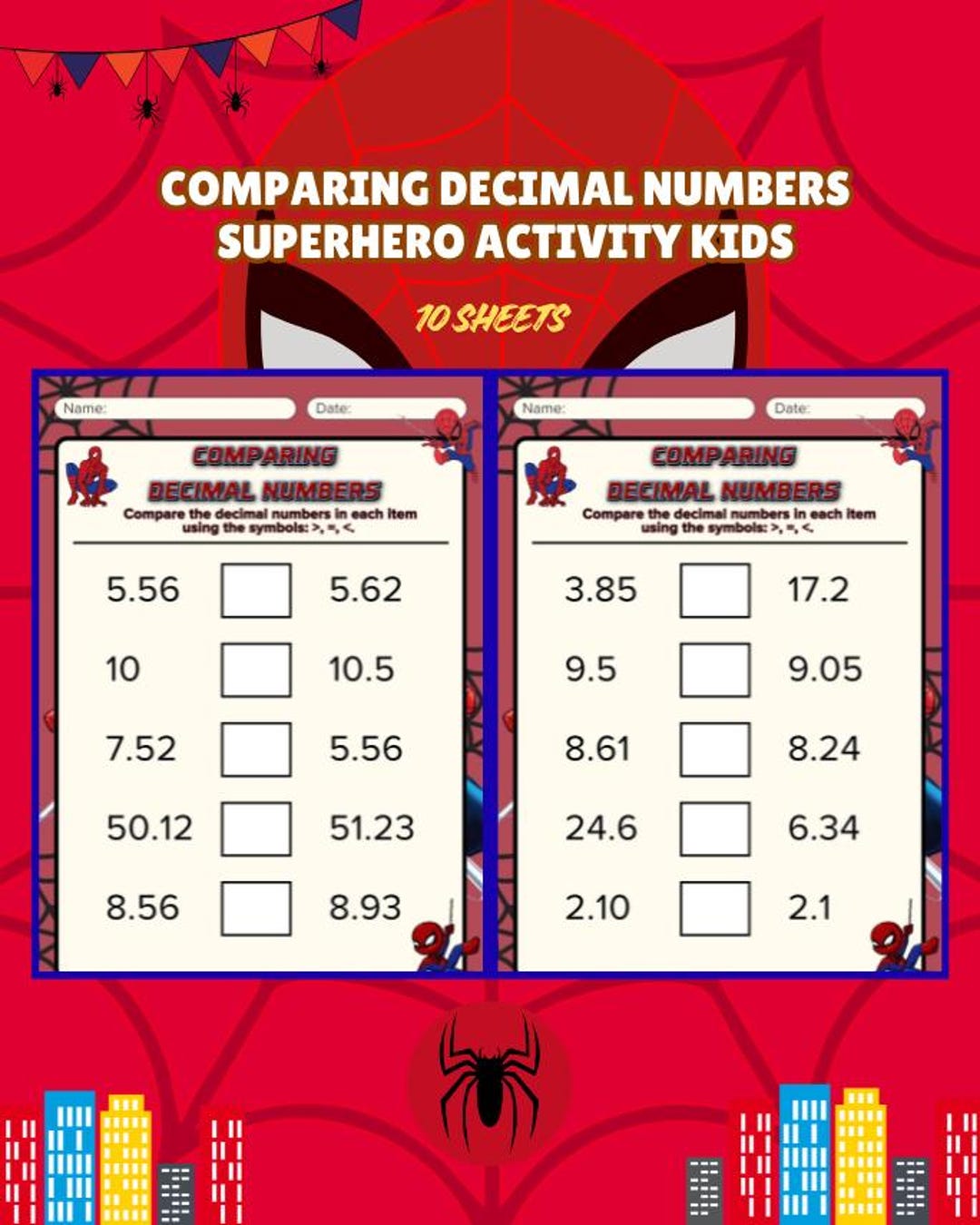 Compare Decimal Numbers 10 Worksheets | Superhero Math Worksheets ...