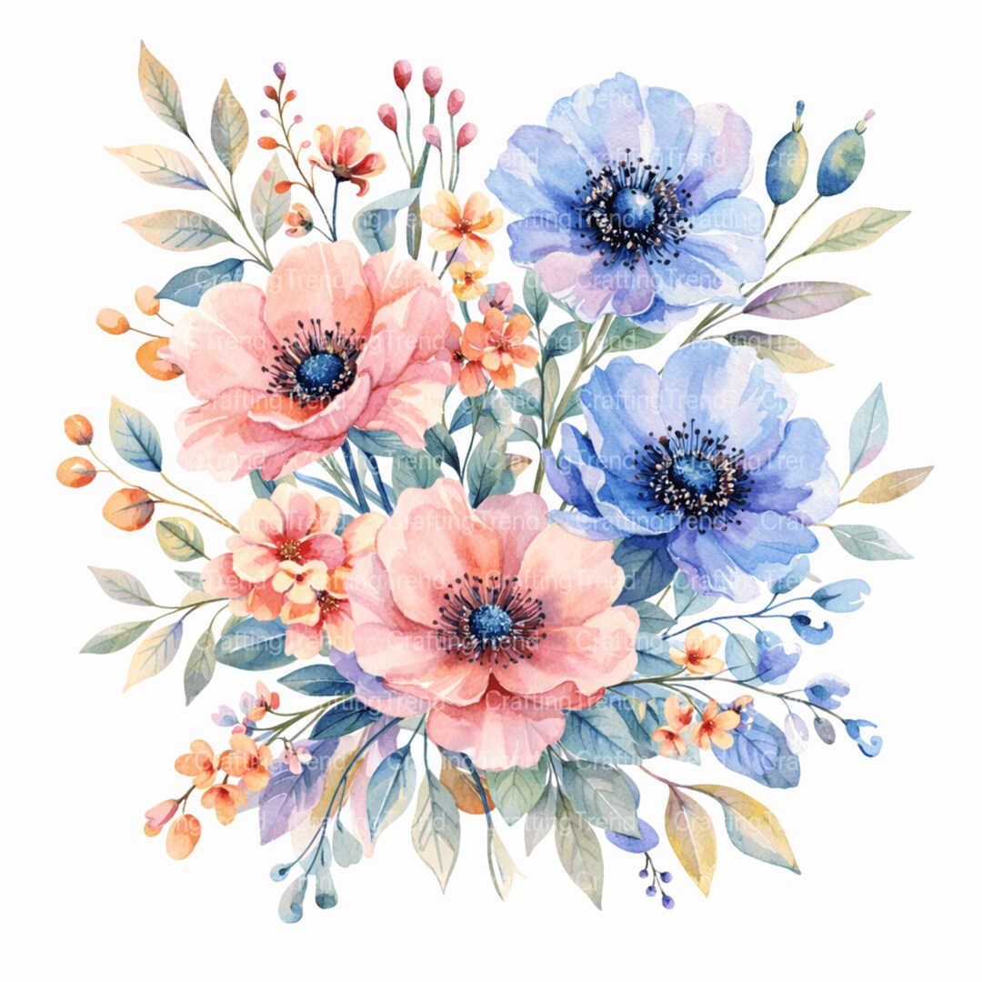 10 Watercolor Flower Bouquet Clipart PNG Rose Peony Sunflower Tulip ...