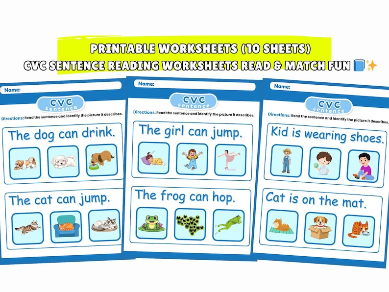 Printable CVC Sentence Reading Worksheets | 20 Read and Match Picture ...