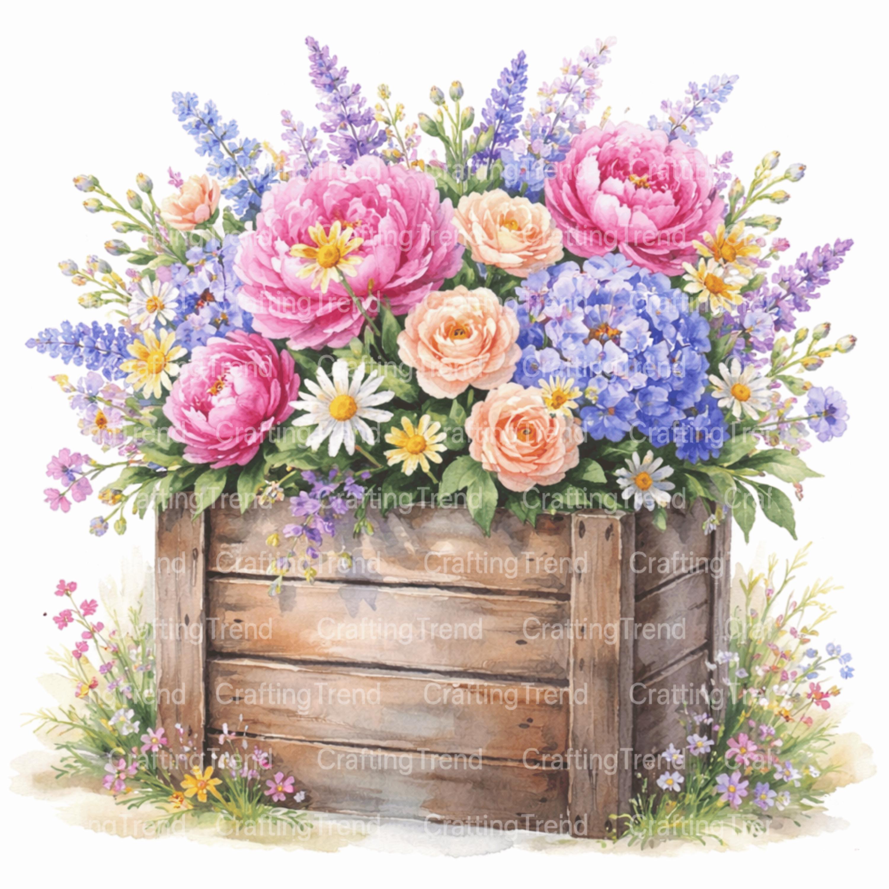 Garden Floral Clipart PNG 10 Watercolor Wildflower Crate Clipart, 10 ...