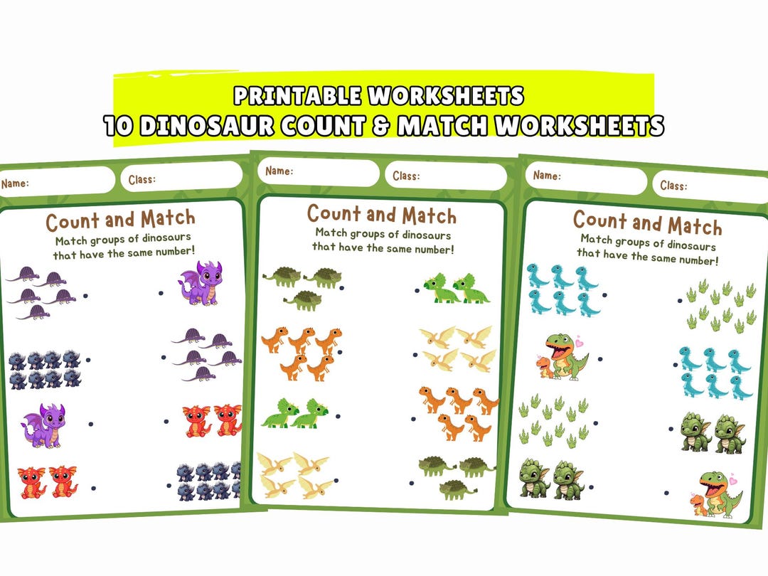 Printable Count and Match Dinosaur Worksheets | 10 Counting & Number ...