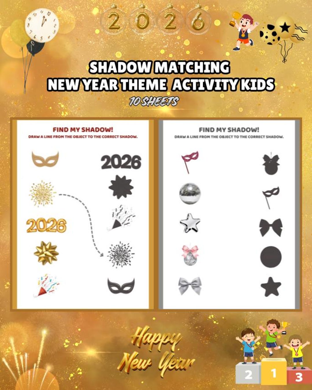 Shadow Matching 10 Worksheets | New Year Theme Find My Shadow | Visual ...