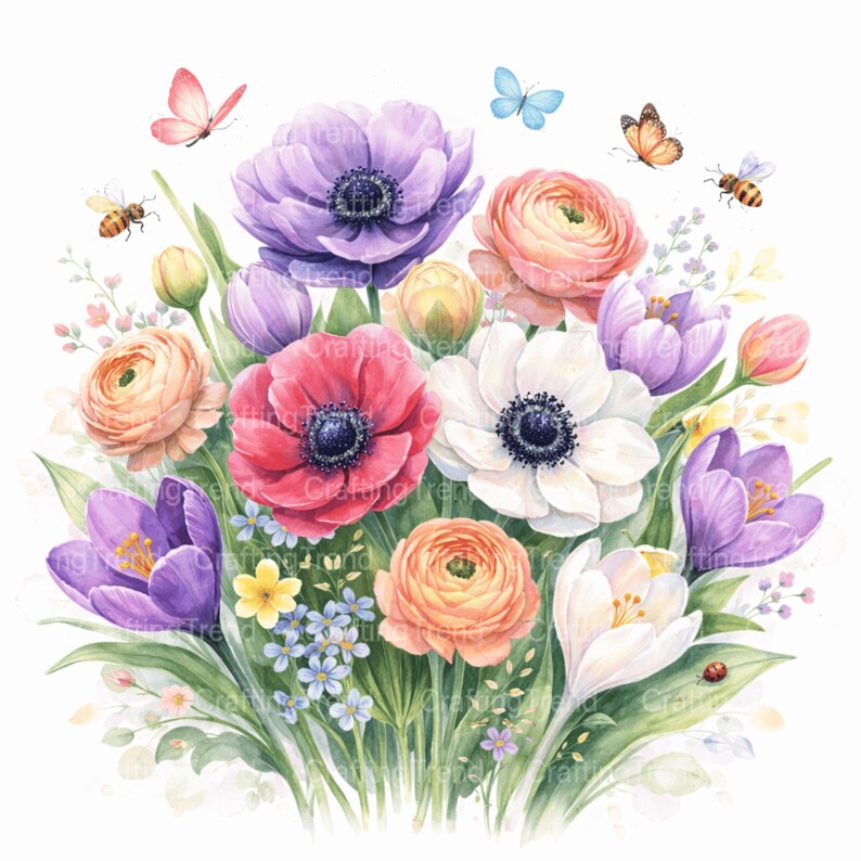 Watercolor Spring Garden Floral Clipart, Pastel Storybook Flowers ...