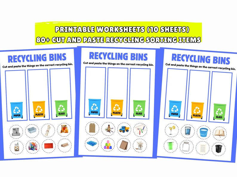 Printable Recycling Bins Worksheets | 80+ Cut and Paste Recycling ...