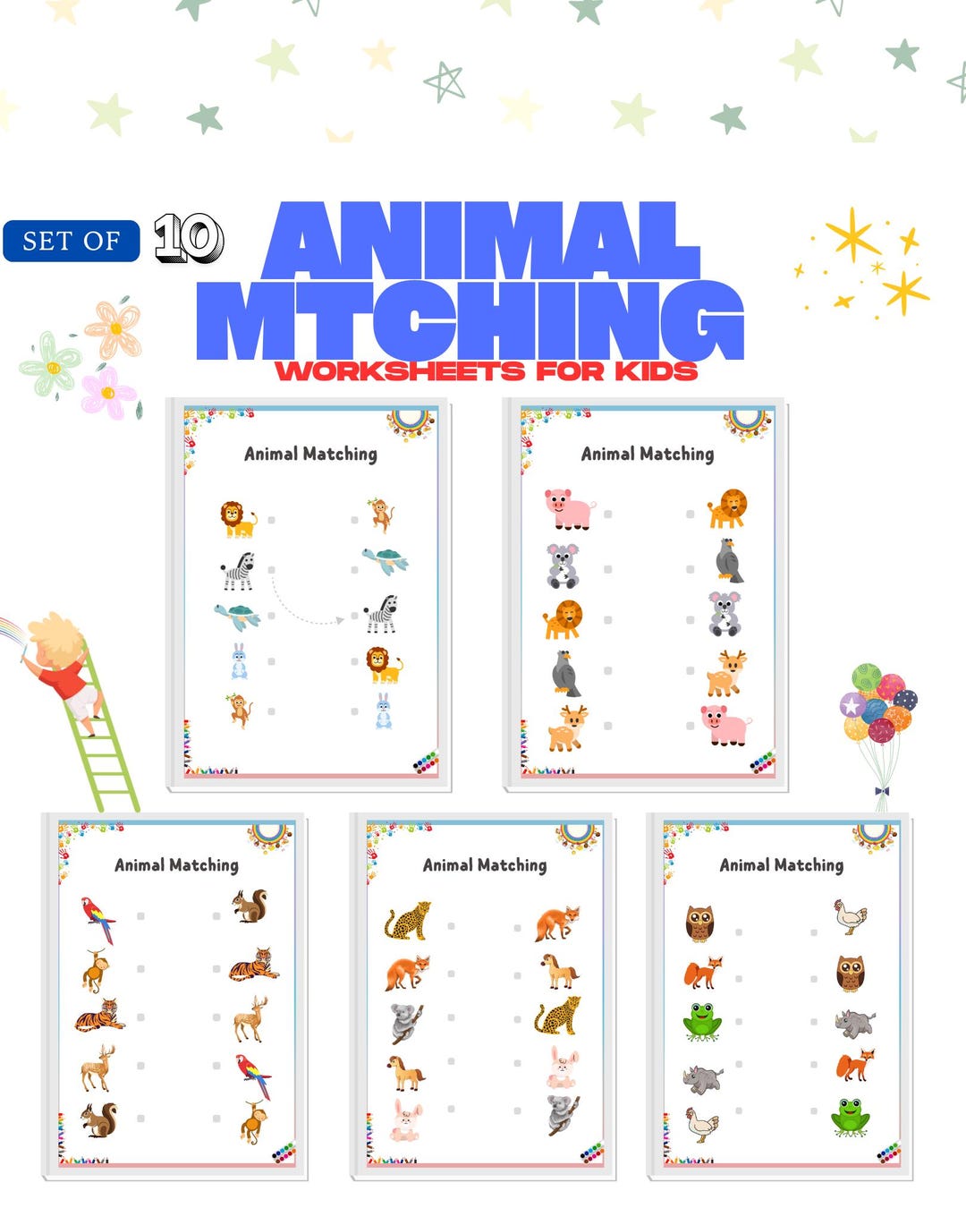 Animal Matching Worksheets: Preschool Learning Activity (PDF) - Etsy