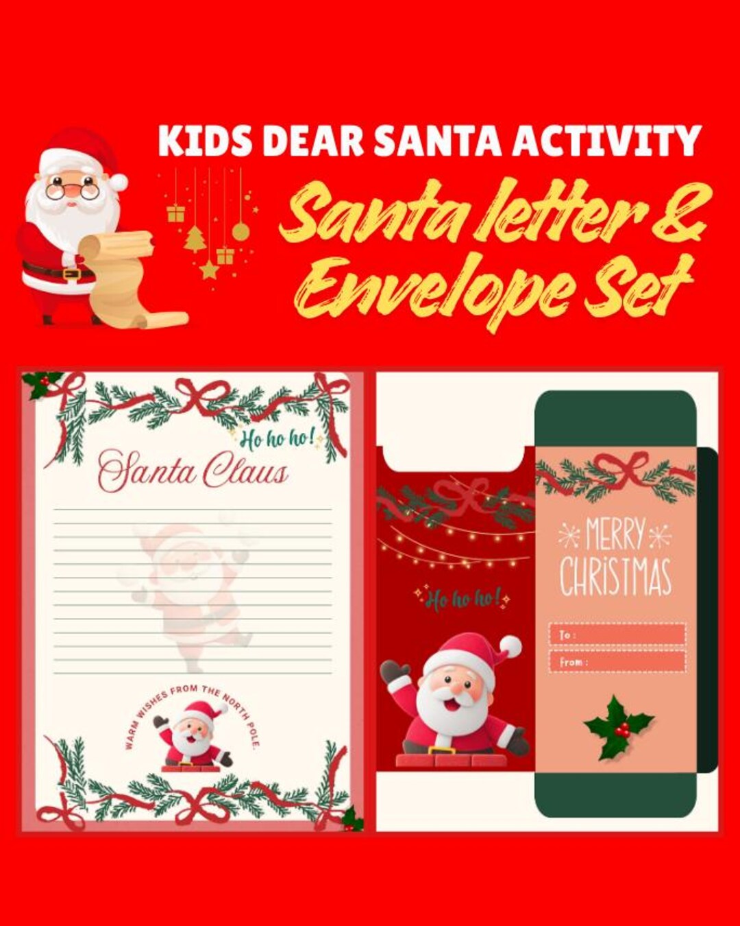 Christmas Dear Santa Letter and Envelope Printable Set | Kids Holiday ...