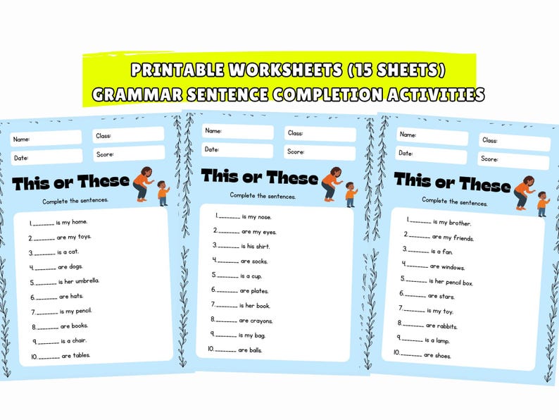 This or These Grammar Worksheets | Sentence Completion Activities (A4 ...