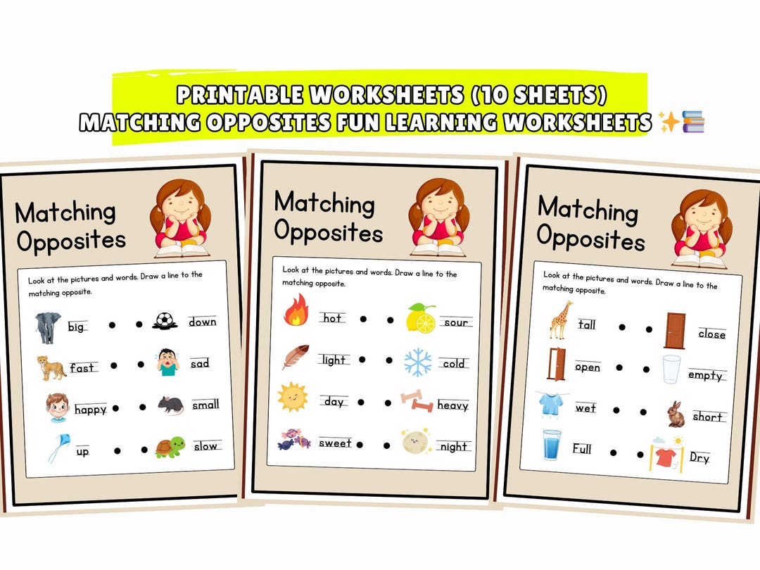 Printable Matching Opposites Worksheets | 10 Pages Antonyms Matching ...