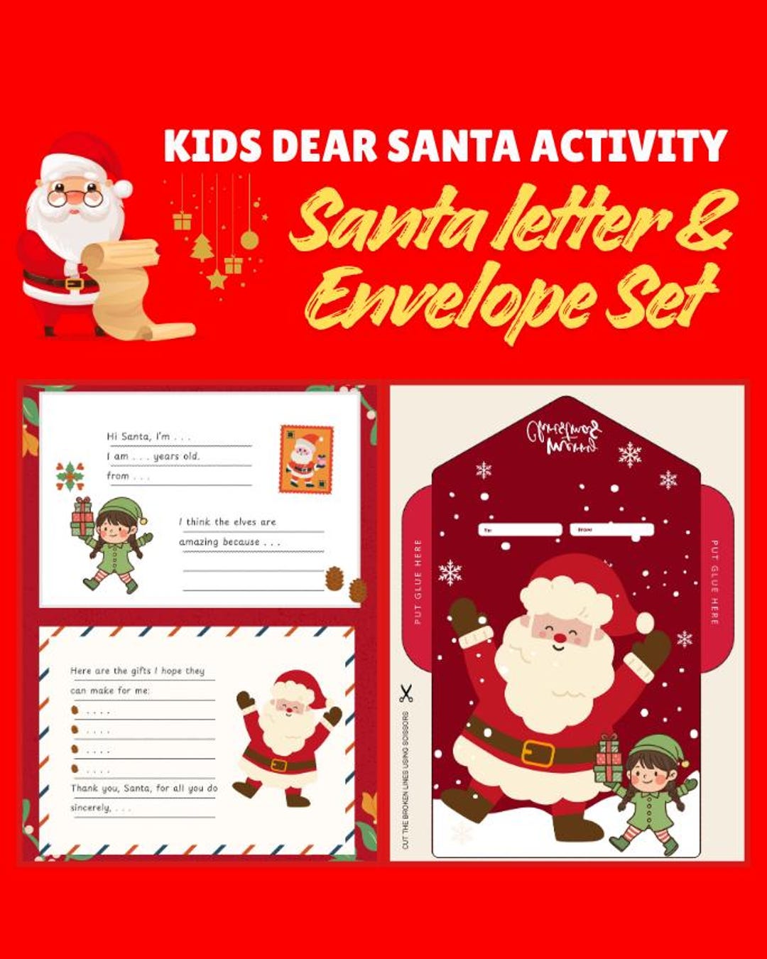 Christmas Dear Santa Letter and Envelope Printable Set | Kids Holiday ...