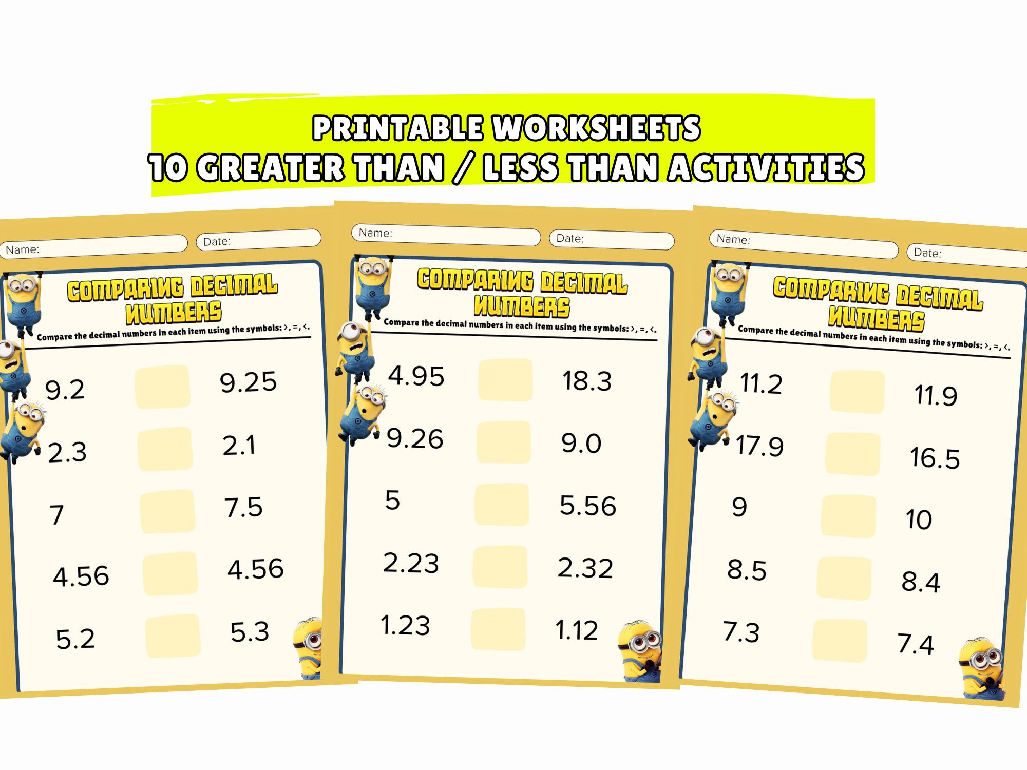 Printable Comparing Decimal Numbers Worksheets | 10 Greater Than Less ...