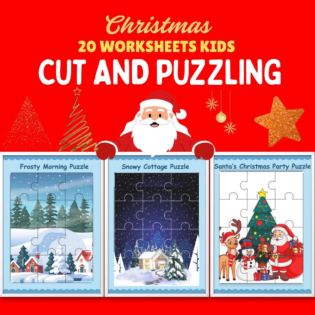 Christmas Cut & Paste Puzzle Worksheets – 20 Kids Activity Sheets (PDF ...