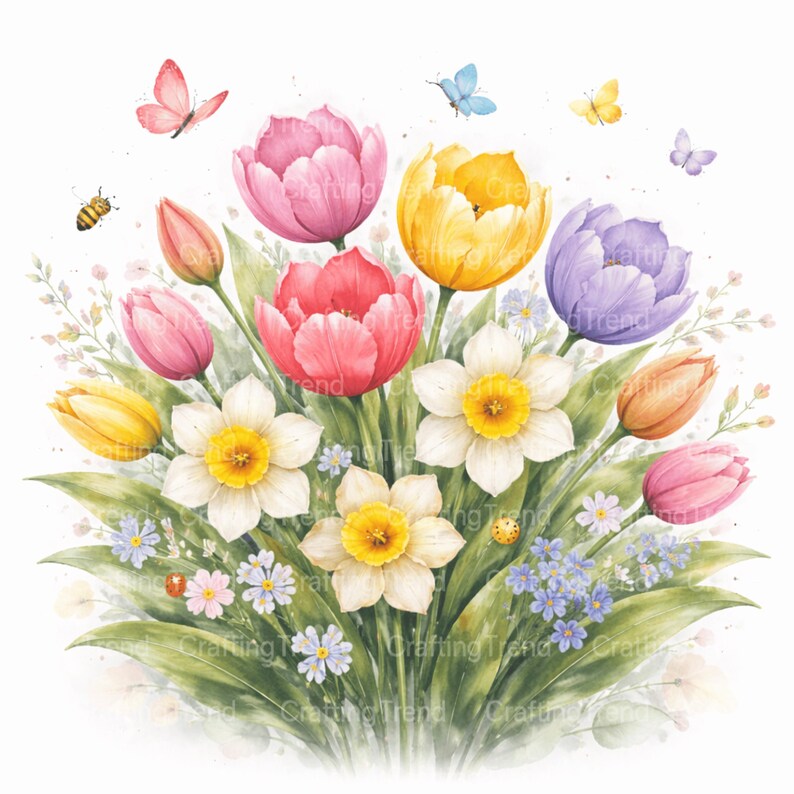 Watercolor Spring Garden Floral Clipart, Pastel Storybook Flowers ...