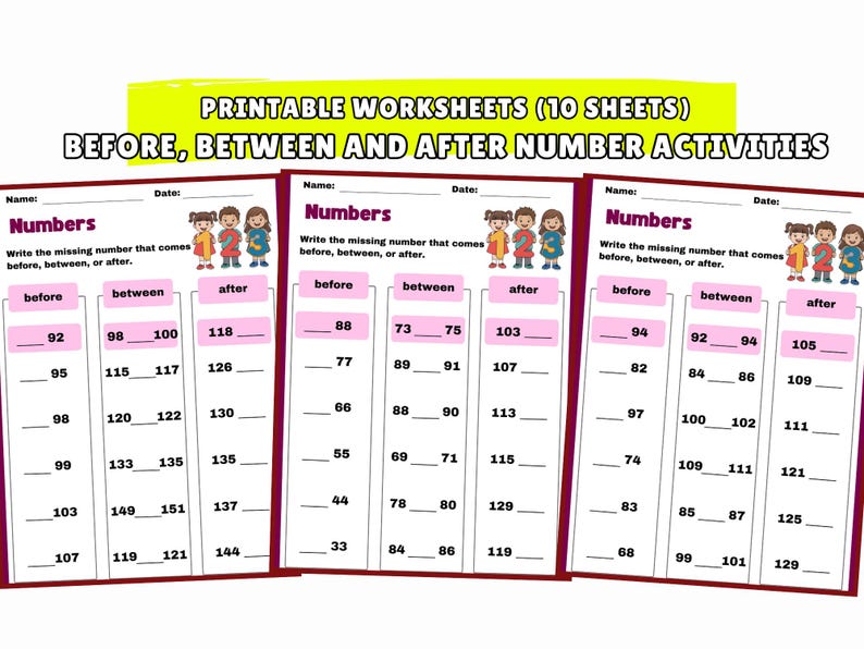 Printable Missing Numbers Worksheets | 10 Before, Between and After ...
