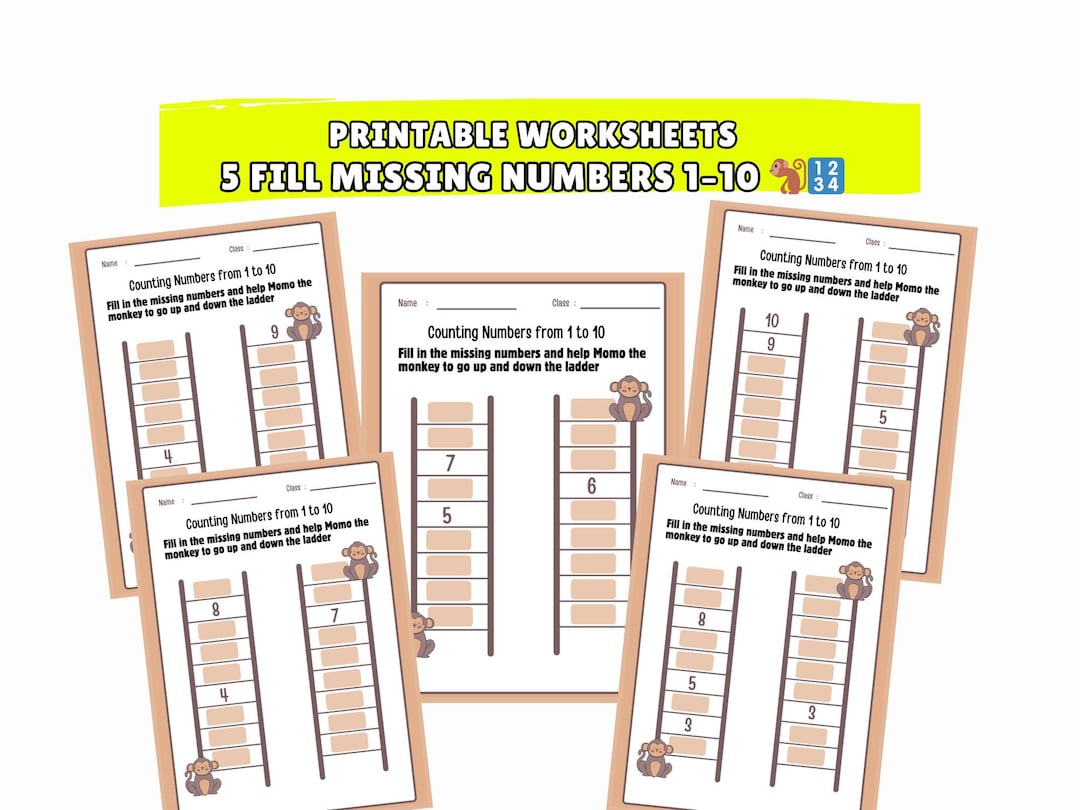 Preschool Counting Worksheets | Monkey Ladder Missing Numbers 1-10 (PDF ...