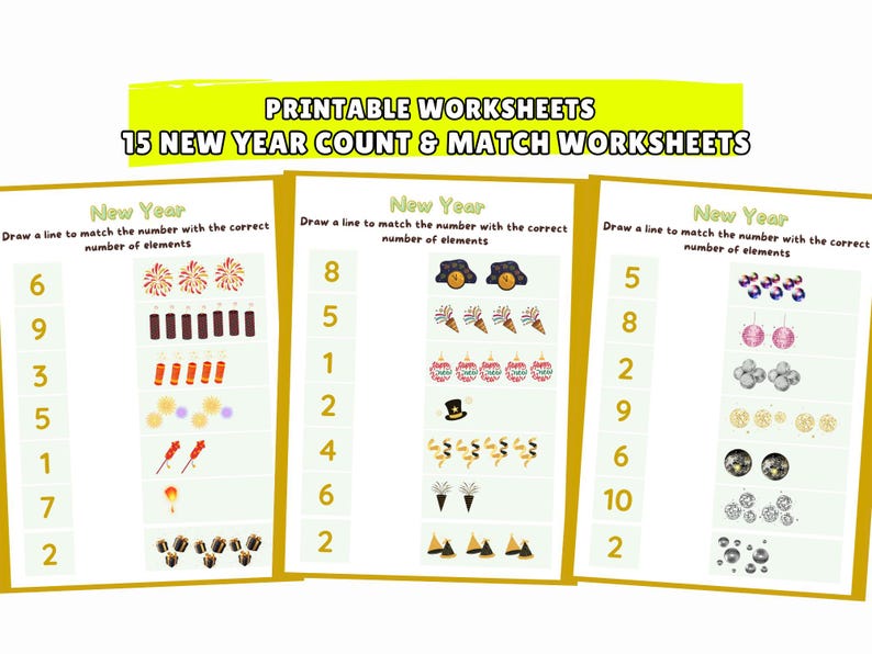 Printable New Year Count and Match Worksheets | 15 Number Matching ...