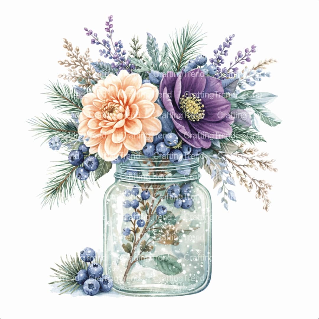 10 Watercolor Mason Jar Flower Clipart PNG Rustic Floral Bouquets ...