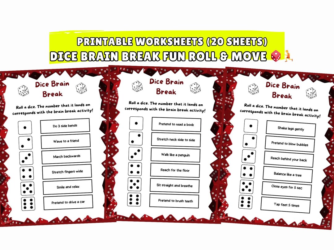 Printable Dice Brain Break Activity Cards | 20 Movement and Action ...