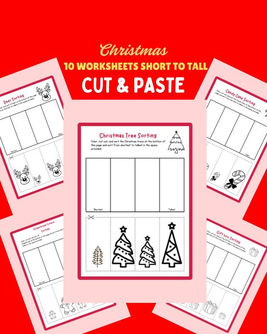Short to Tall Cut and Paste Worksheets – 10 A4 Printable Size Sorting ...